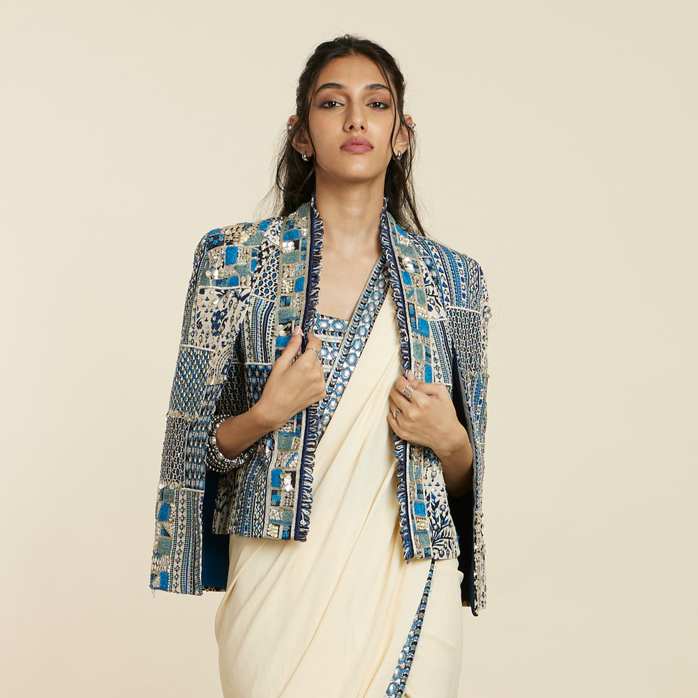 Shop Ivory Cascade Saree Set With Patchwork Jacket Online – SVA Couture
