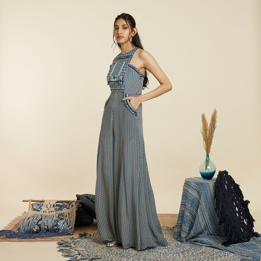 BLUE GEOMETRIC YOKE STYLE JUMPSUIT – SVA Couture