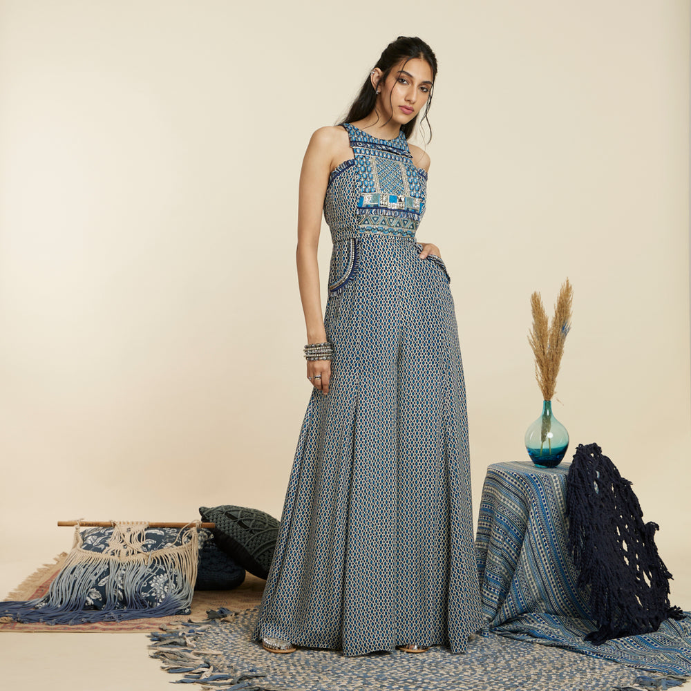 BLUE GEOMETRIC YOKE STYLE JUMPSUIT – SVA Couture