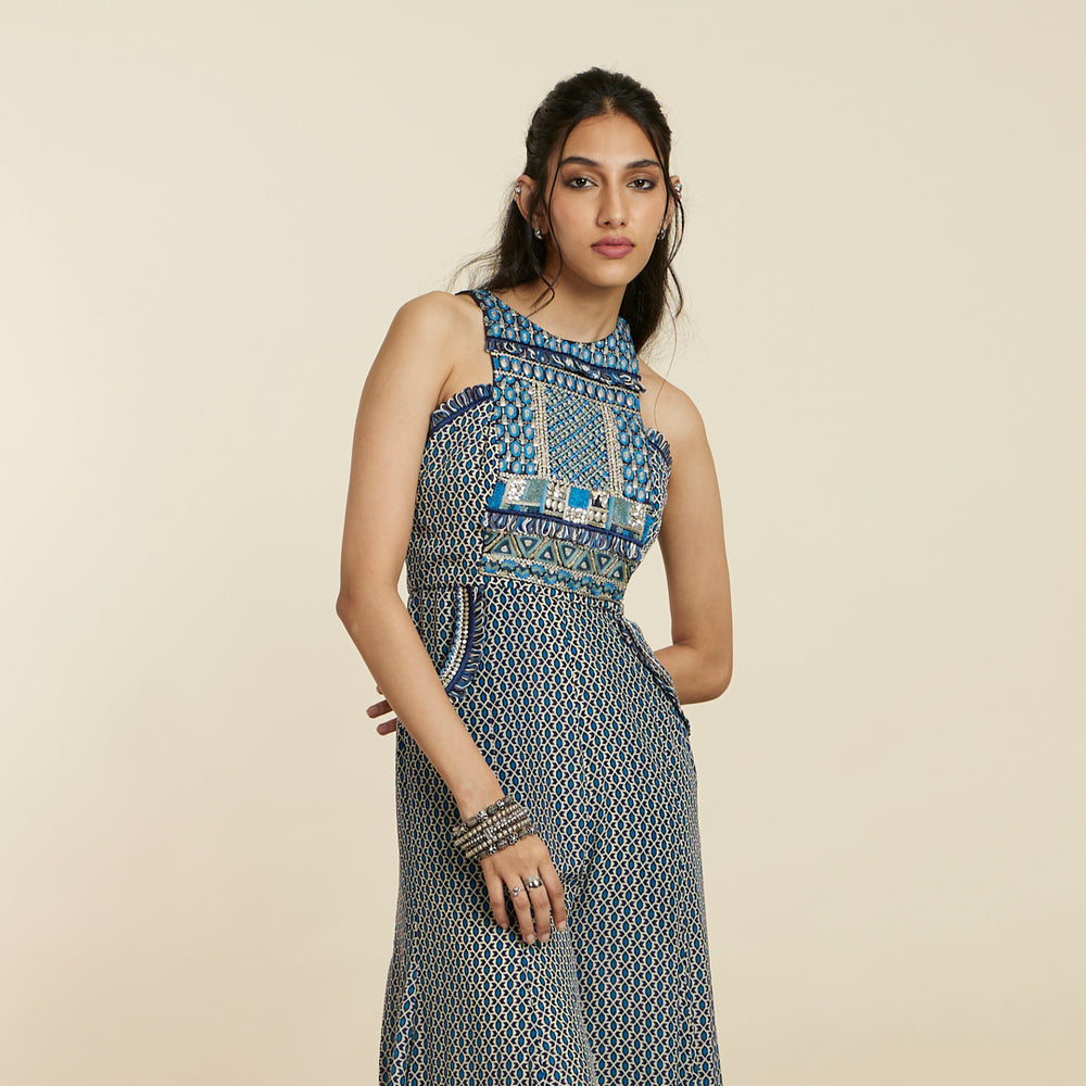 BLUE GEOMETRIC YOKE STYLE JUMPSUIT – SVA Couture
