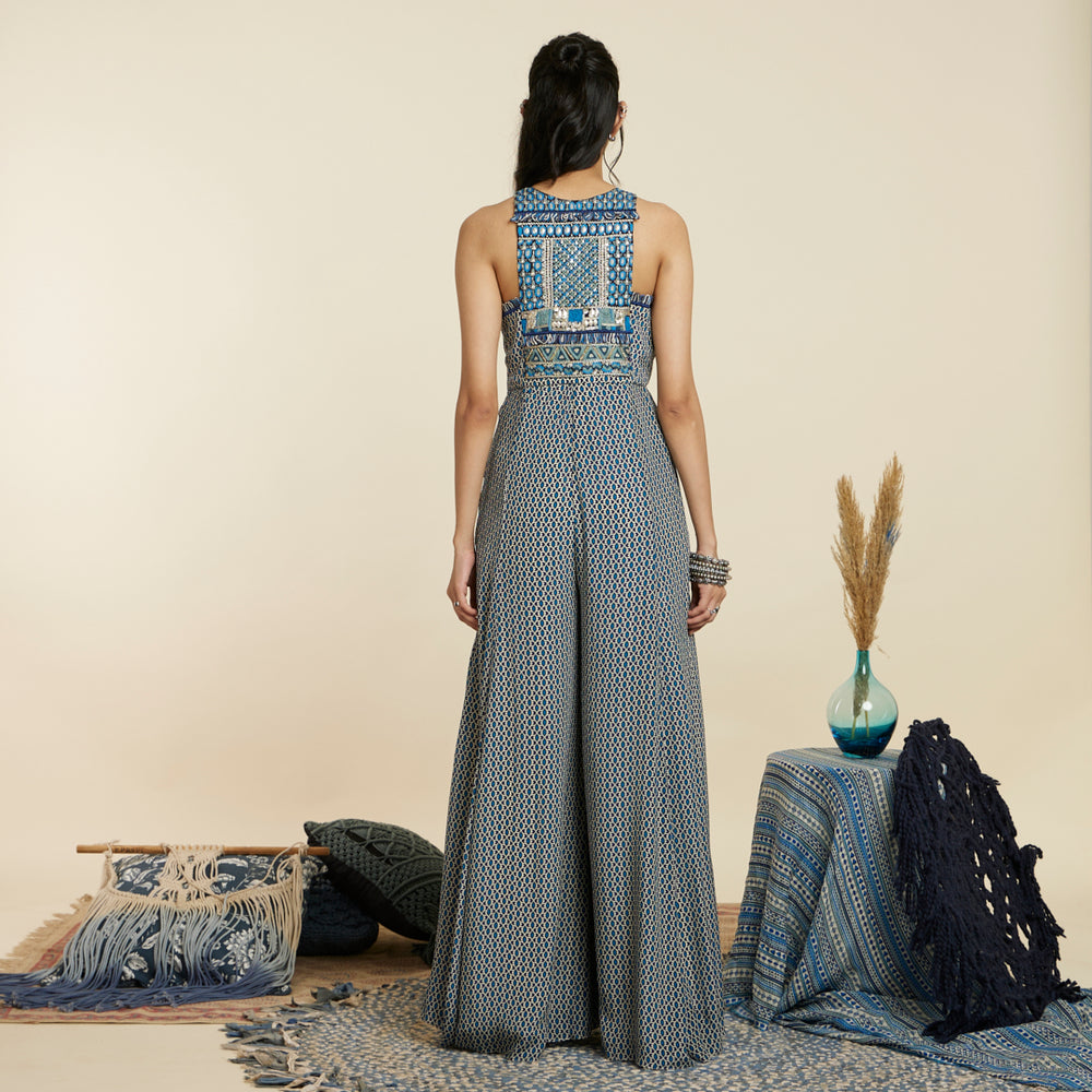 BLUE GEOMETRIC YOKE STYLE JUMPSUIT – SVA Couture