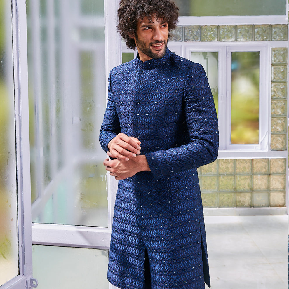 BLUE SHERWANI JACKET WITH SELF GEO EMBROIDERY – SVA Couture